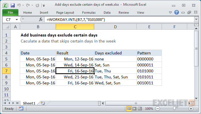 Add Days Exclude Certain Days Of Week Excel Formula Exceljet